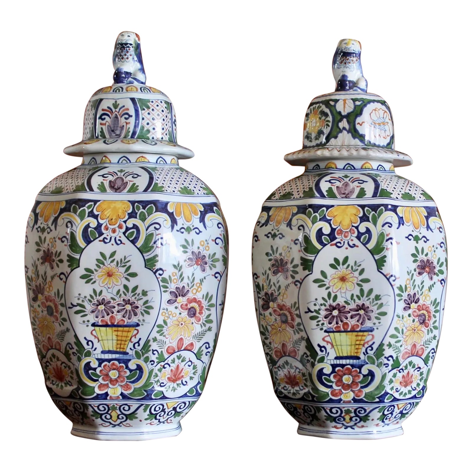 Large Delft Polychrome Covered Jars With Lion Finials- a Pair | Chairish