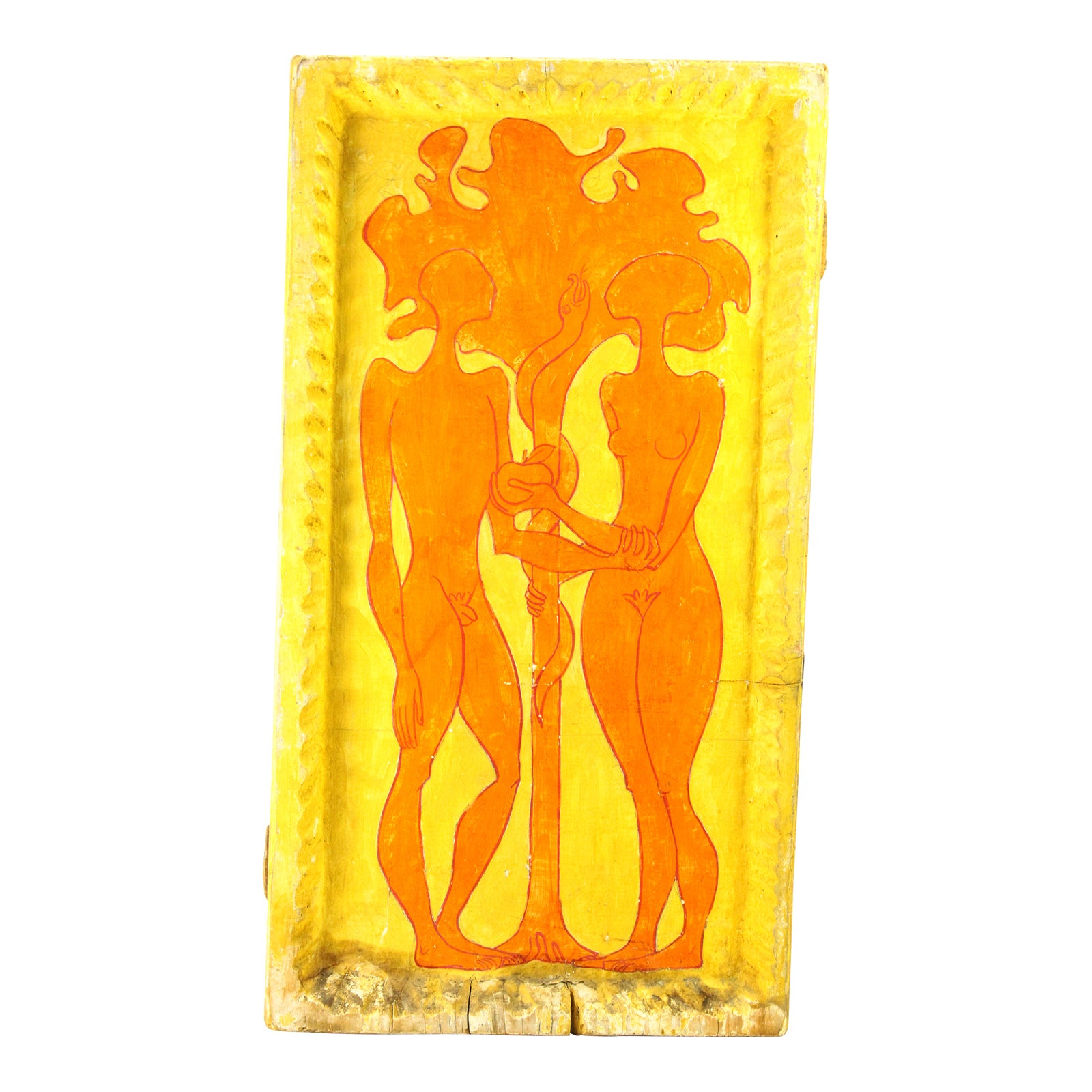 Mid-Century Modern 1950's Oil on Wood Adam and Eve Folk Art Primitive ...