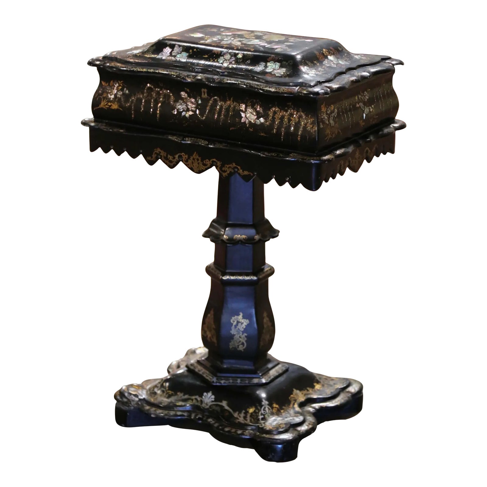 19th Century English Black Lacquered Mother of Pearl Paper Mache Sewing ...