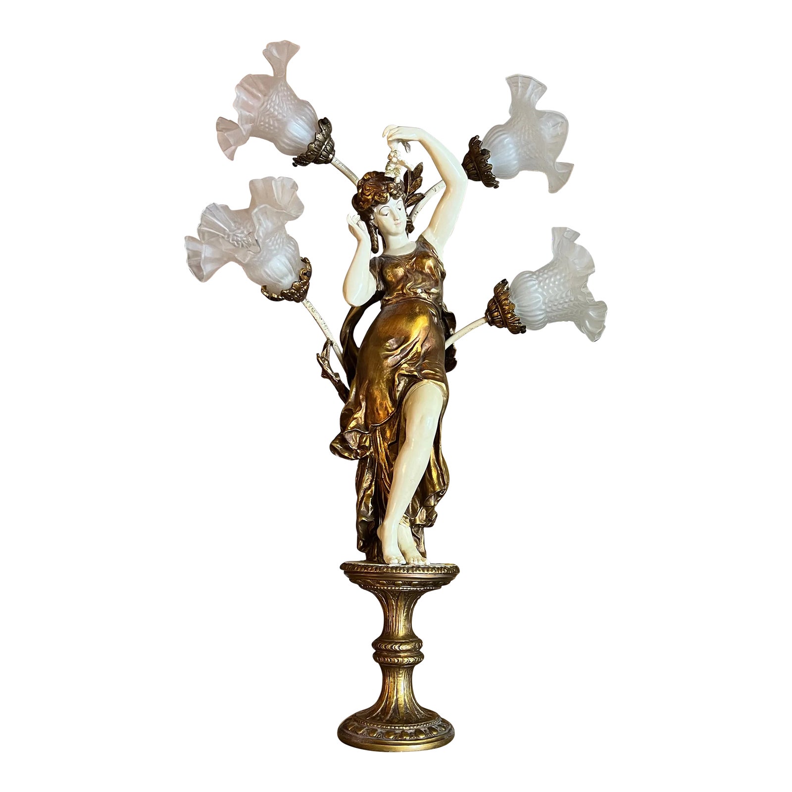 Vintage Spelter Female Figure Lamp With 4 Glass Ruffled Shades | Chairish