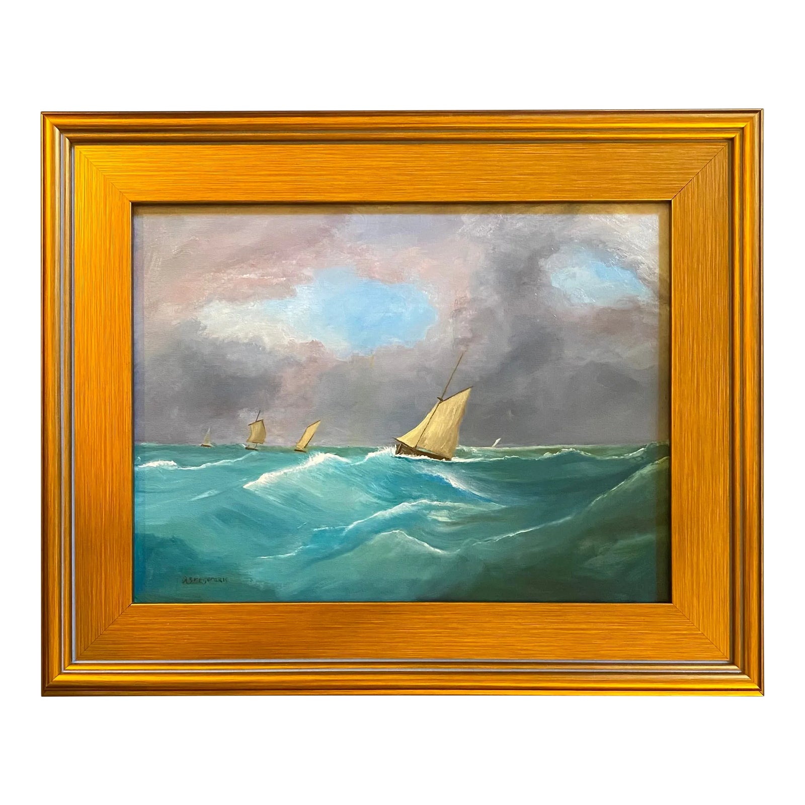 Satori Gregorakis Original Sloop in Rough Seas Oil Painting | Chairish