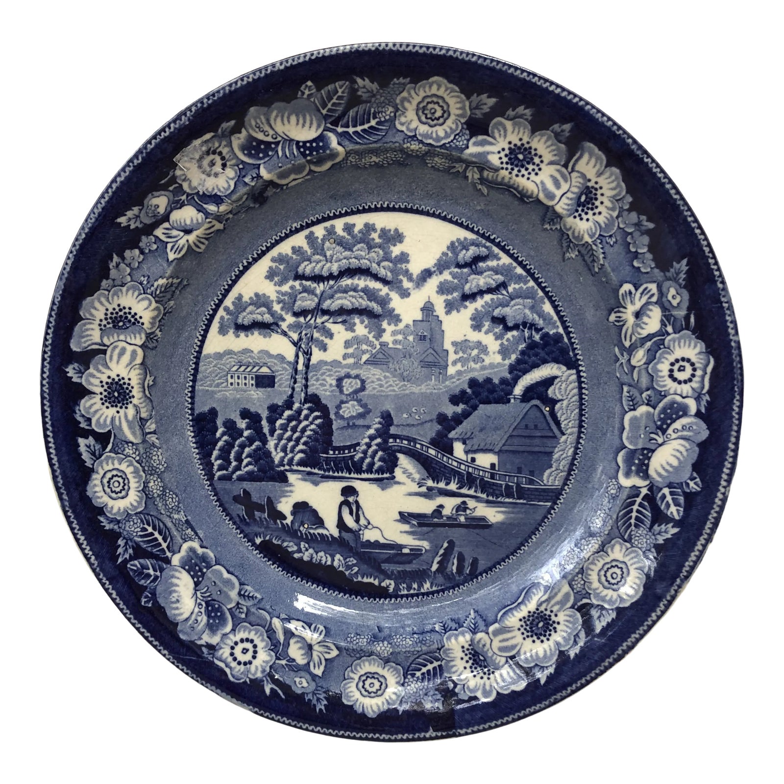 19th Century Large English Blue & White Plate | Chairish