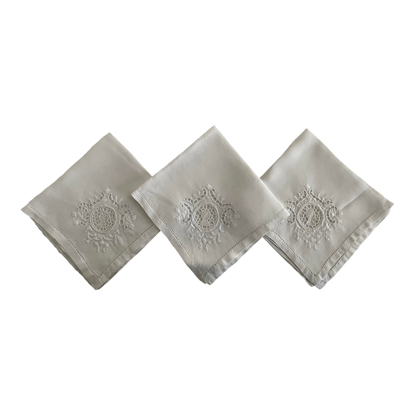 Roman Bust Embroidered Linen Cocktail Napkins, Set of 3 | Chairish