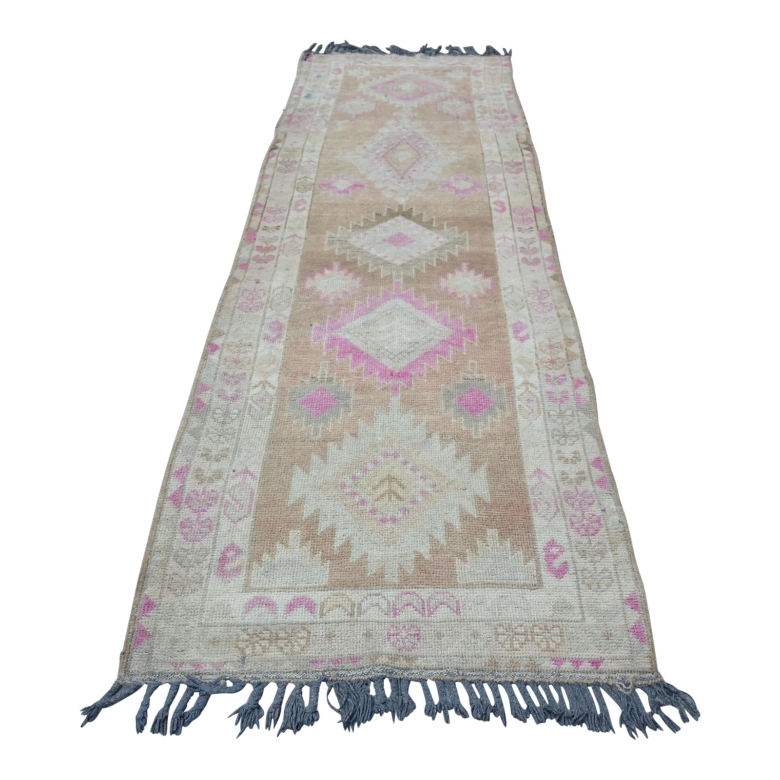 1960s Vintage Turkish Faded Pink and Beige Wool Runner Rug - 3′1″ × 11 ...