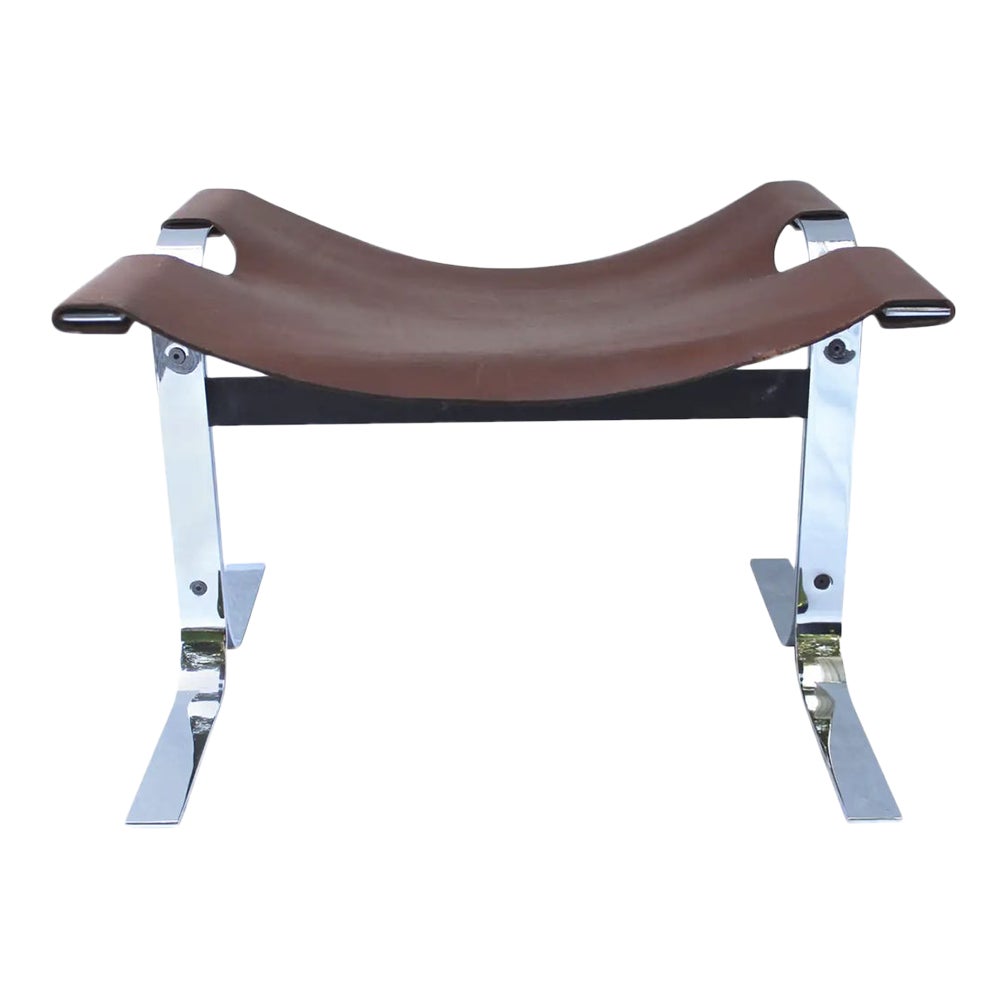 Mid 20th Century Modern Leather and Steel Sling Stool or Bench | Chairish