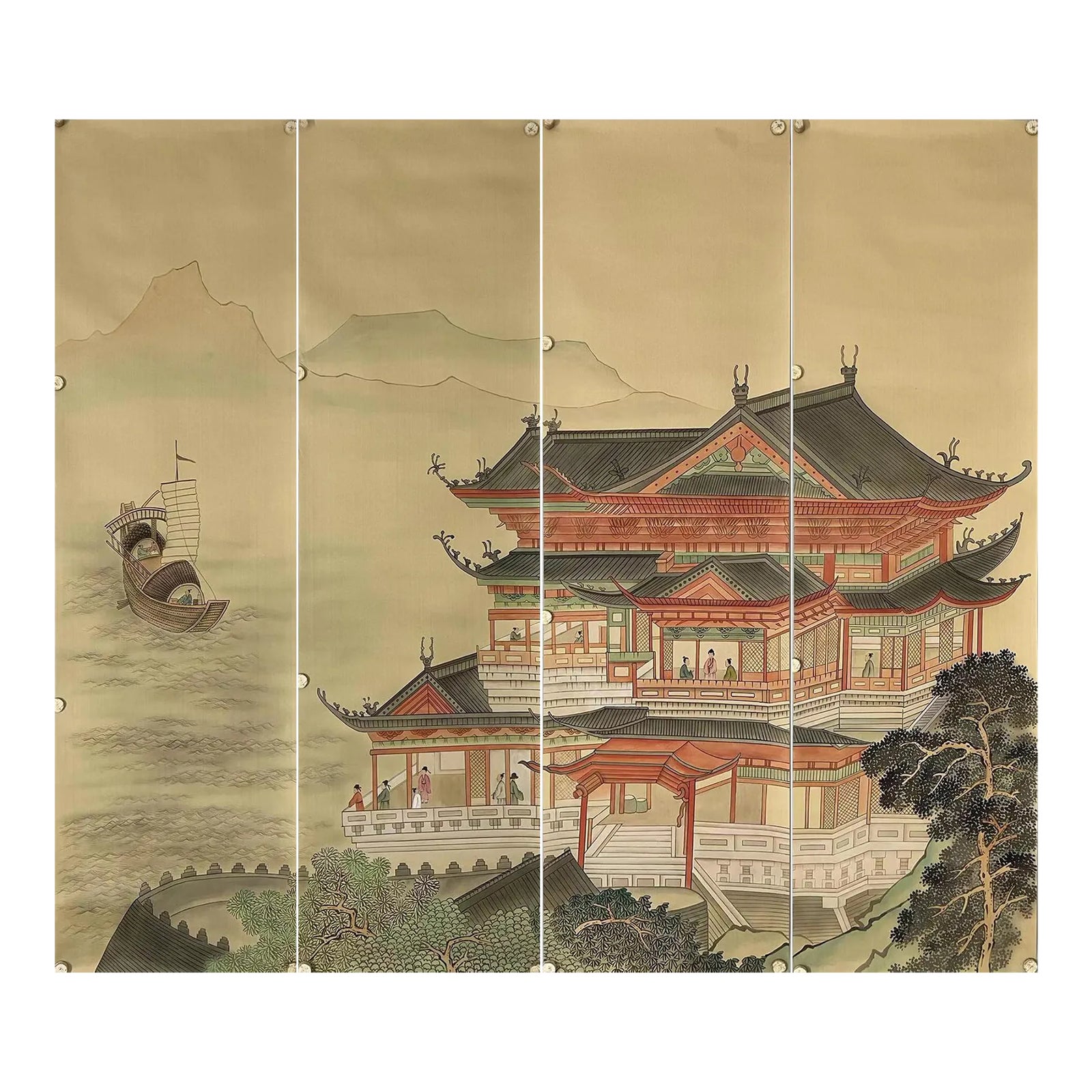 Chinese Mural Wallpaper Hand Painted on Silk Panel - 4 Panels | Chairish