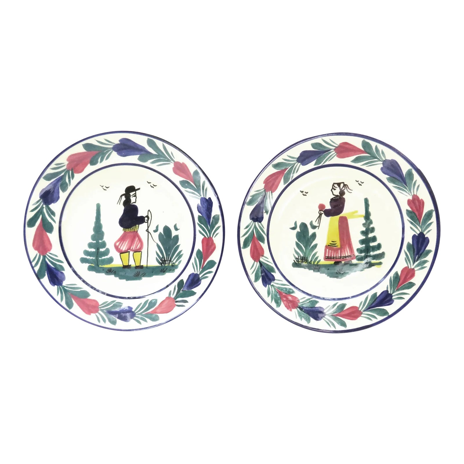 Vintage French Hb Quimper Mistral Campagne Faience Plates, Pair | Chairish
