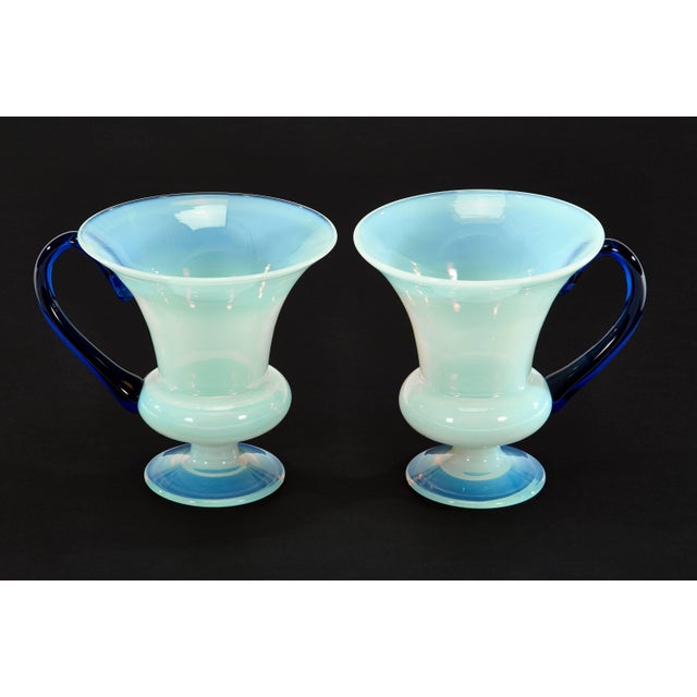 Pair of Fry "Foval" Opalescent Handblown Vases with Applied Delft Blue ...