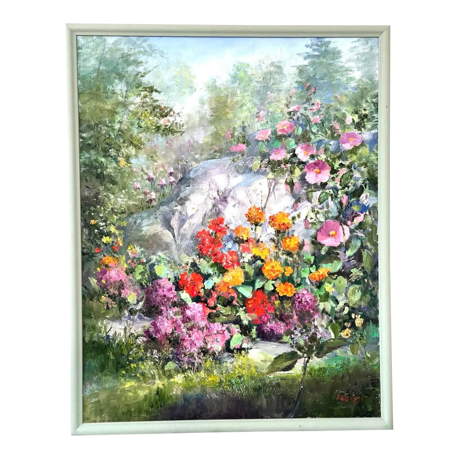 Dorothy Fanizzi Framed Oil Painting on Canvas - 'Floral Rock' | Chairish
