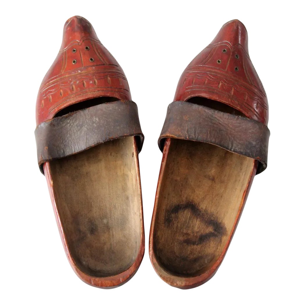 Antique Carved Wood Clogs | Chairish