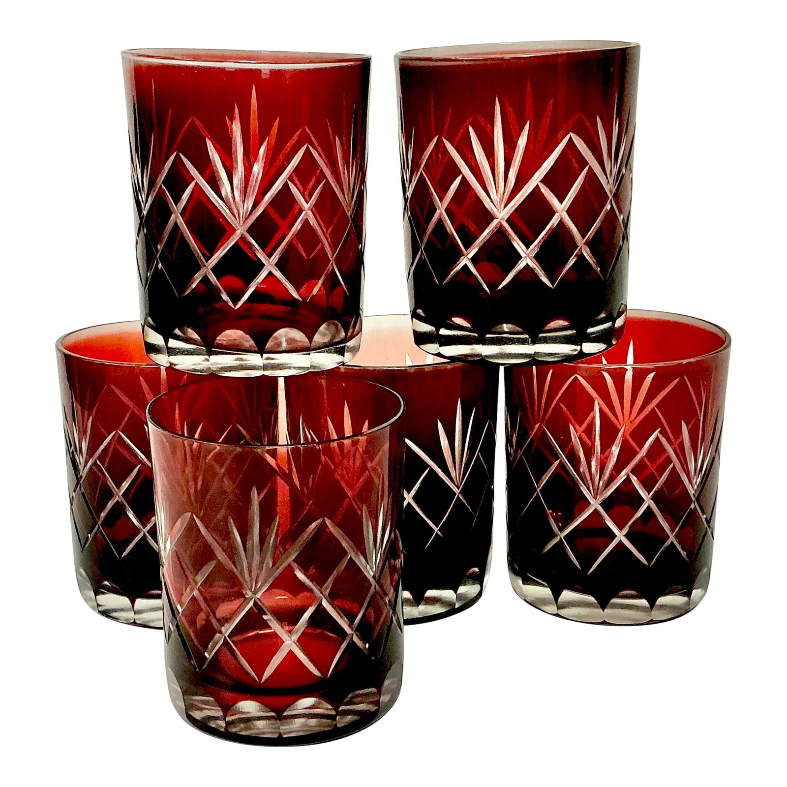 Mid 20th Century Boho Chic Czechoslovakian Clear Cut to Ruby Etched ...