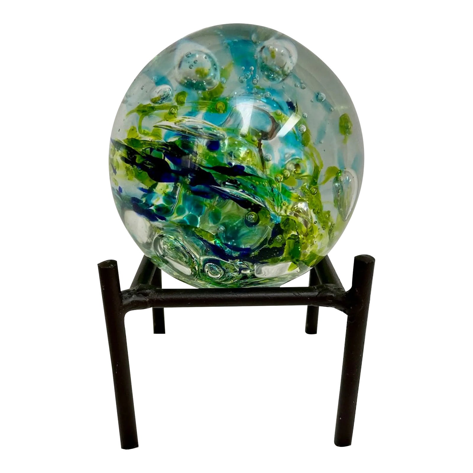 Jeff Price Hand Blown Art Glass Orb/Paperweight on Stand | Chairish