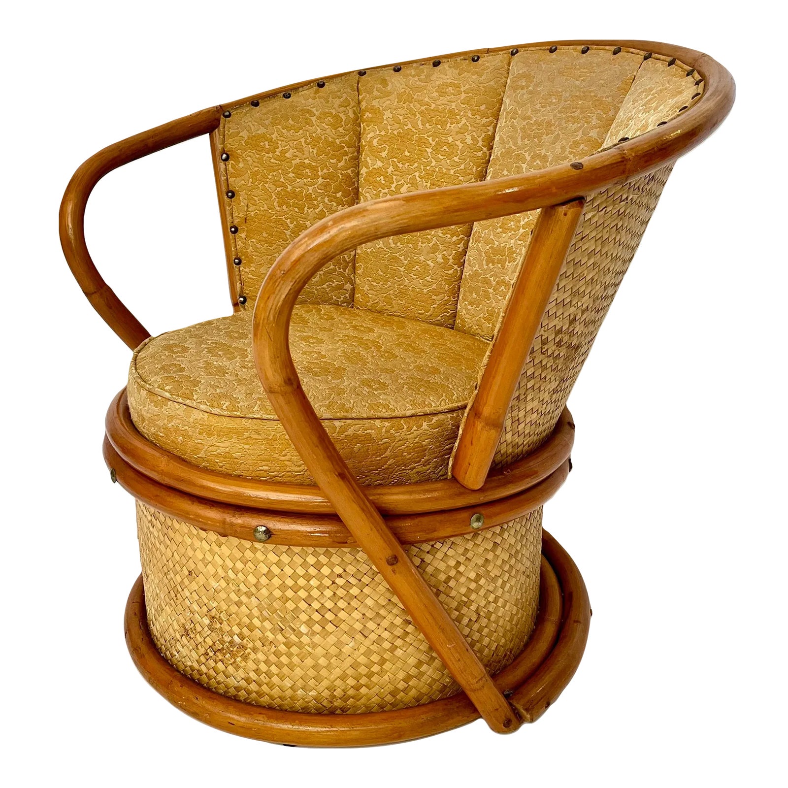 Mid Century Woven Palm Wrapped Rattan Round Lounge Chair | Chairish
