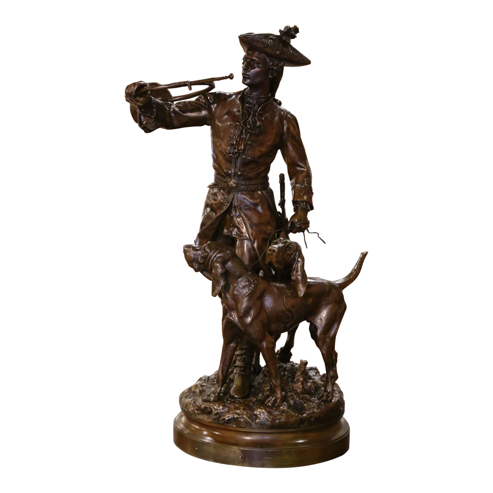 19th C. Patinated Bronze Hunter and Dog Composition Signed H. Moreau ...