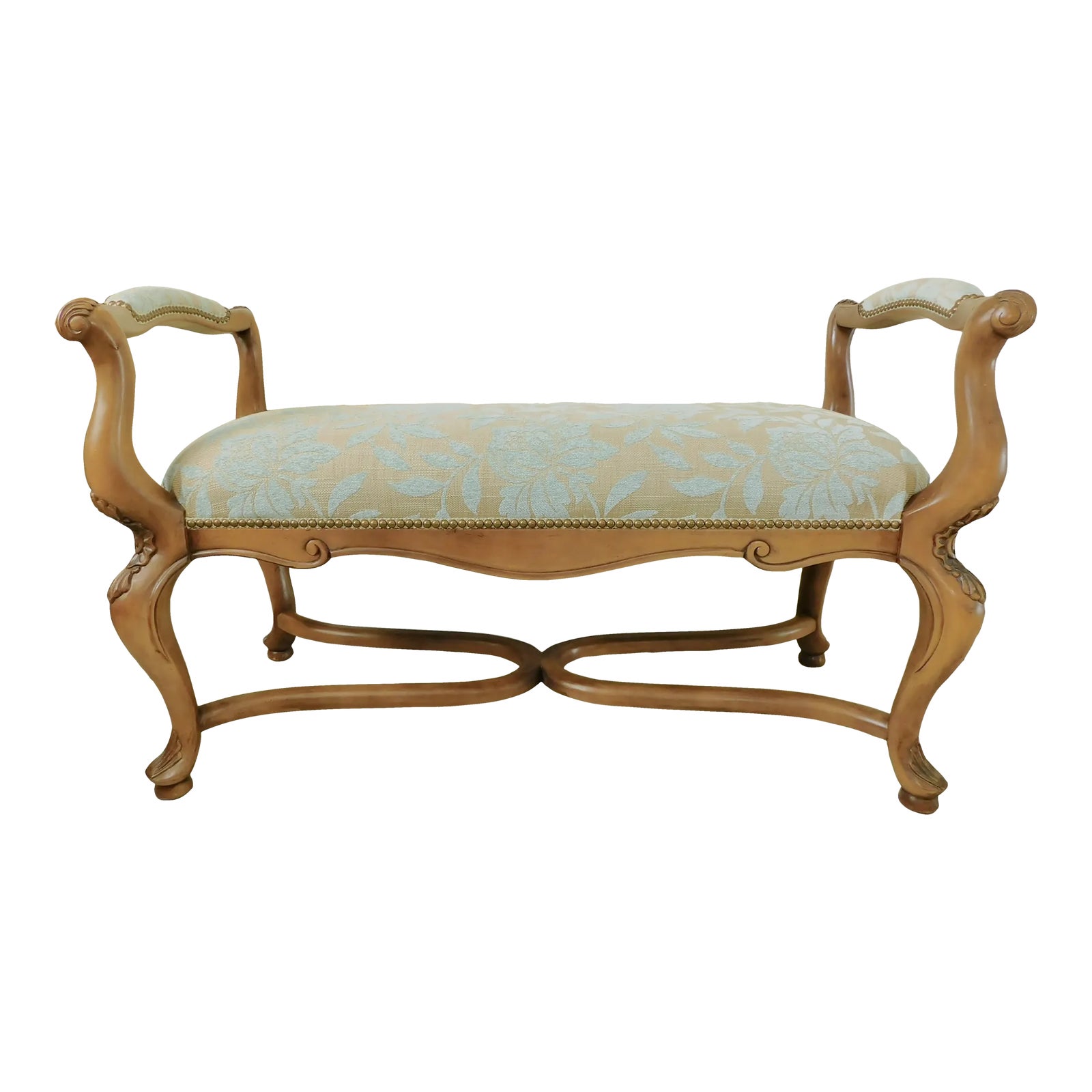 Vintage Light Blue & Beige Upholstered Brass Studded Carved Wood Bench ...