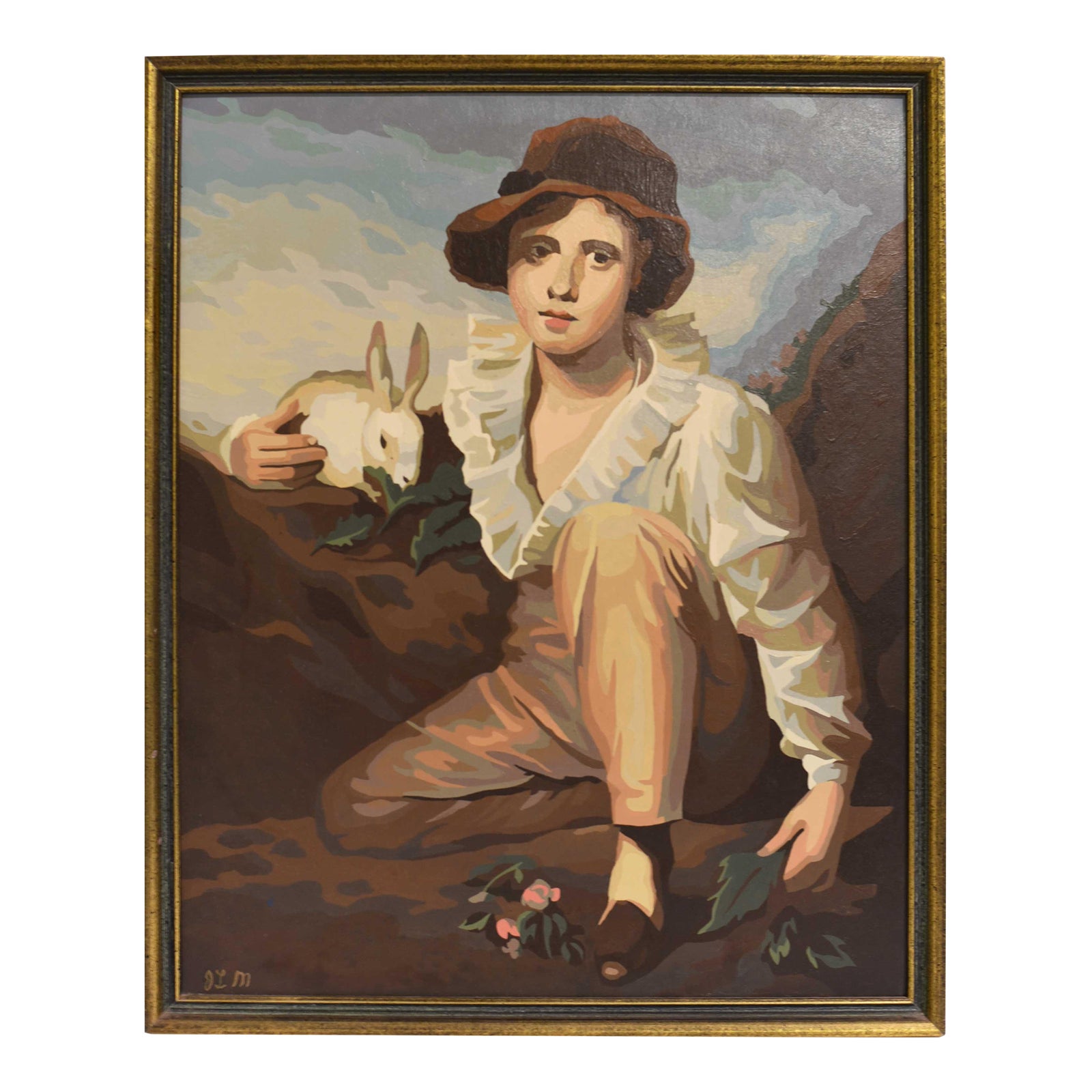 Mid Century Oil on Canvas Boy and Rabbit Reproduction of Original by ...