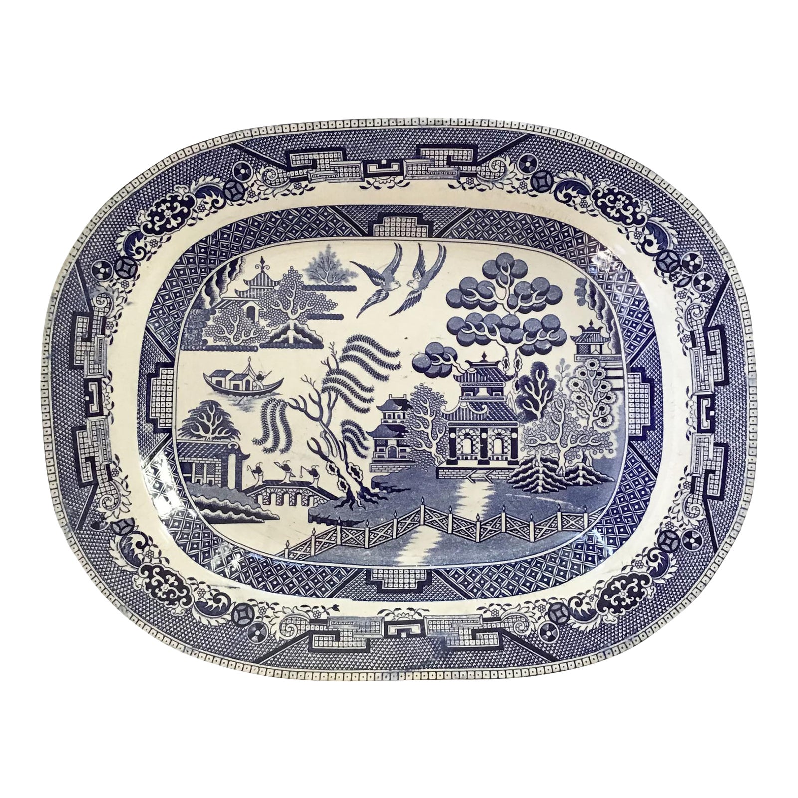 Antique Blue & White Unmarked Transfer Willow Pattern Platter | Chairish