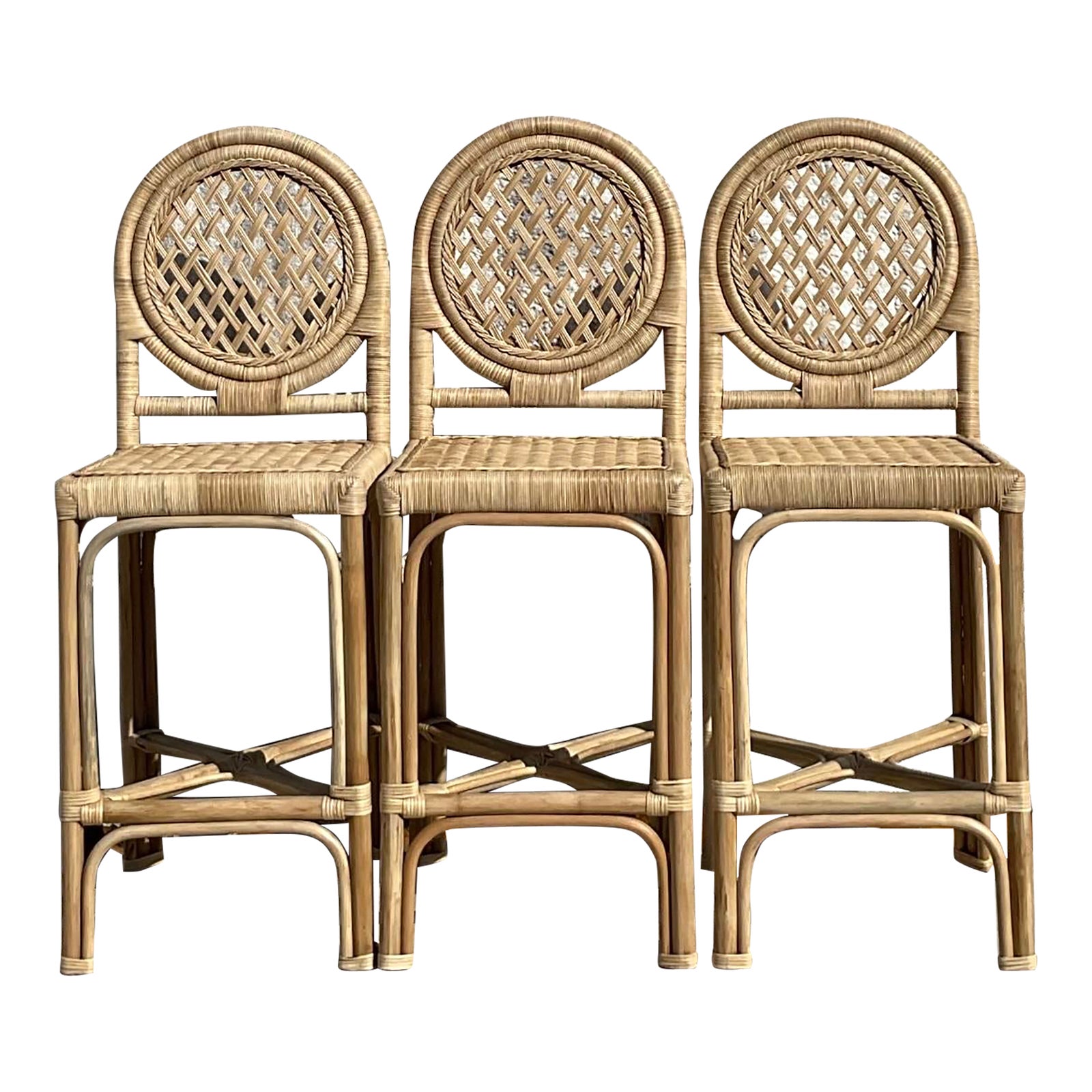 Vintage Coastal Wrapped Rattan Trellis Bar Stools - Set of 3 | Chairish