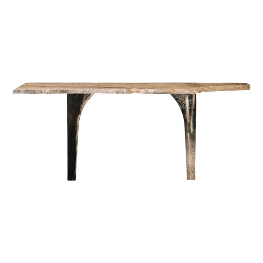 Andrew Console Table in Travertine Stone and Brass by Alex Turco | Chairish