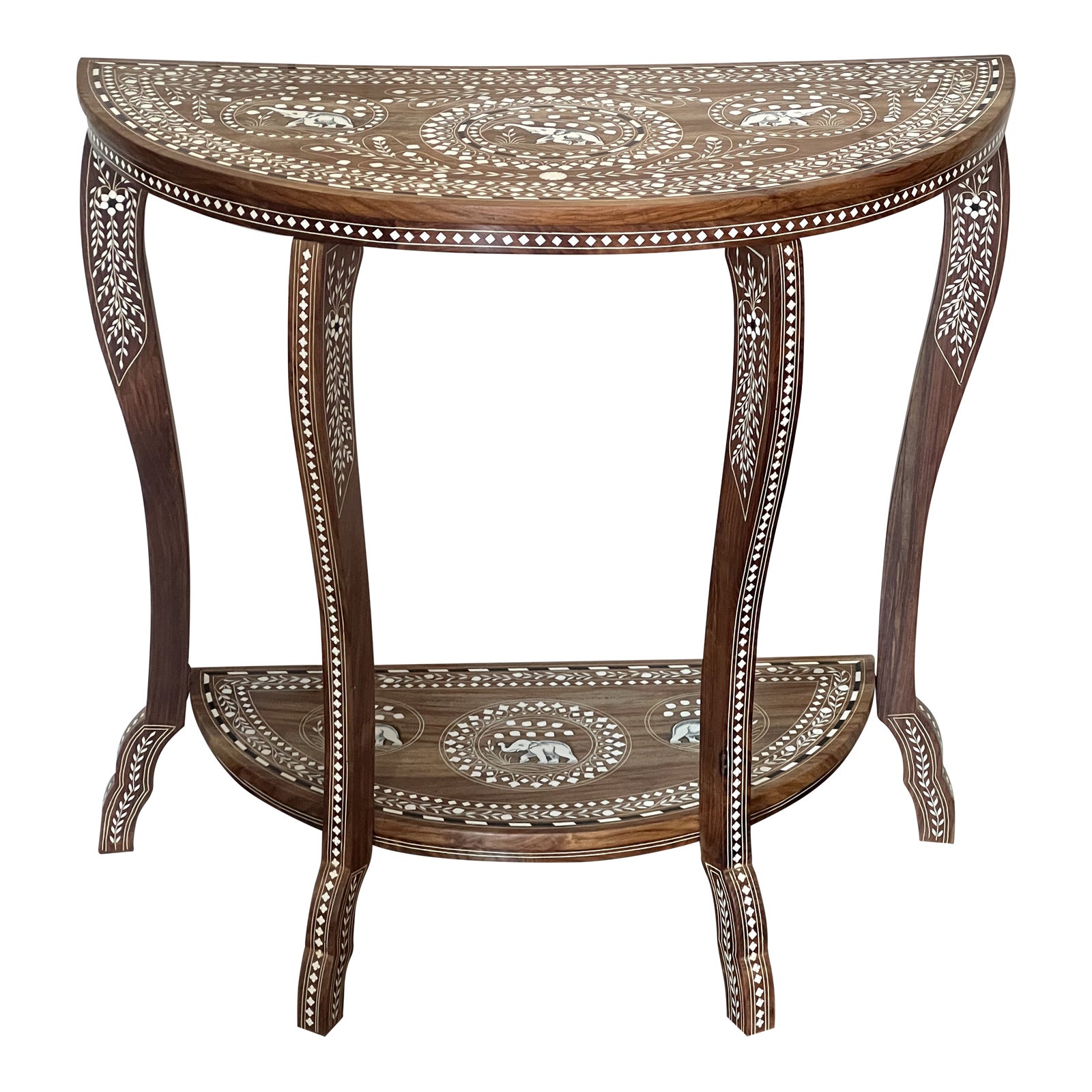 Vintage Indian Bone Hand Inlay Elephants Ornate Console Table Demi Lune ...