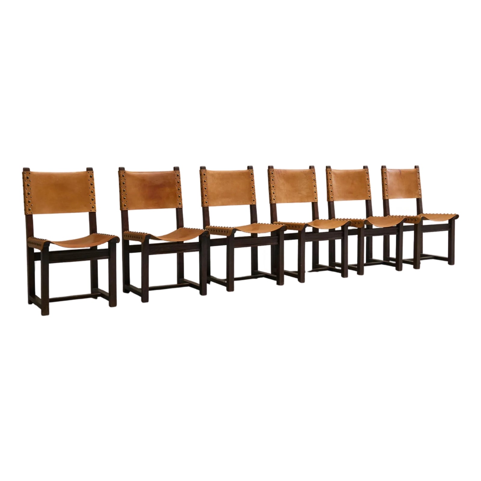 Mid-Century Modern Spanish Style Chairs in Patinated Cognac Leather and ...