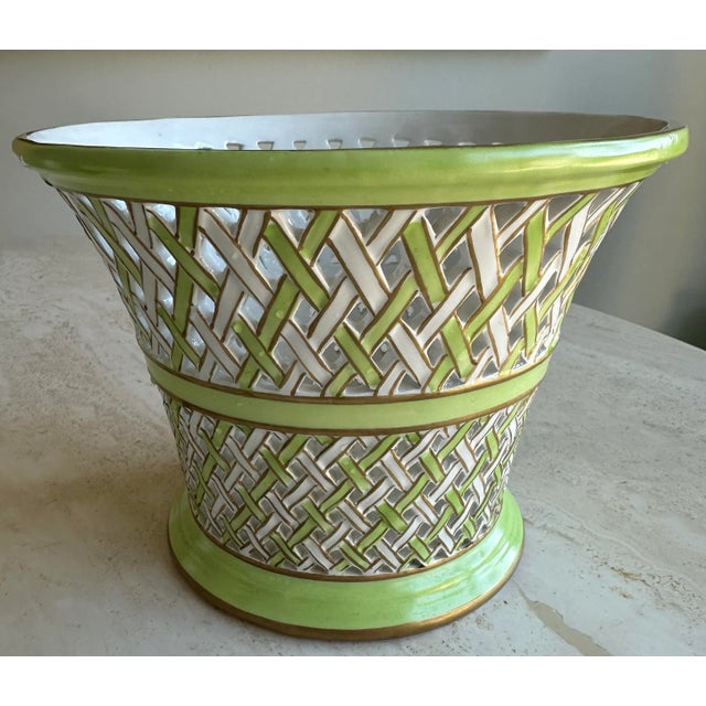 Italian Green and White Palm Beach Style Ceramic Cache Pot Planter ...