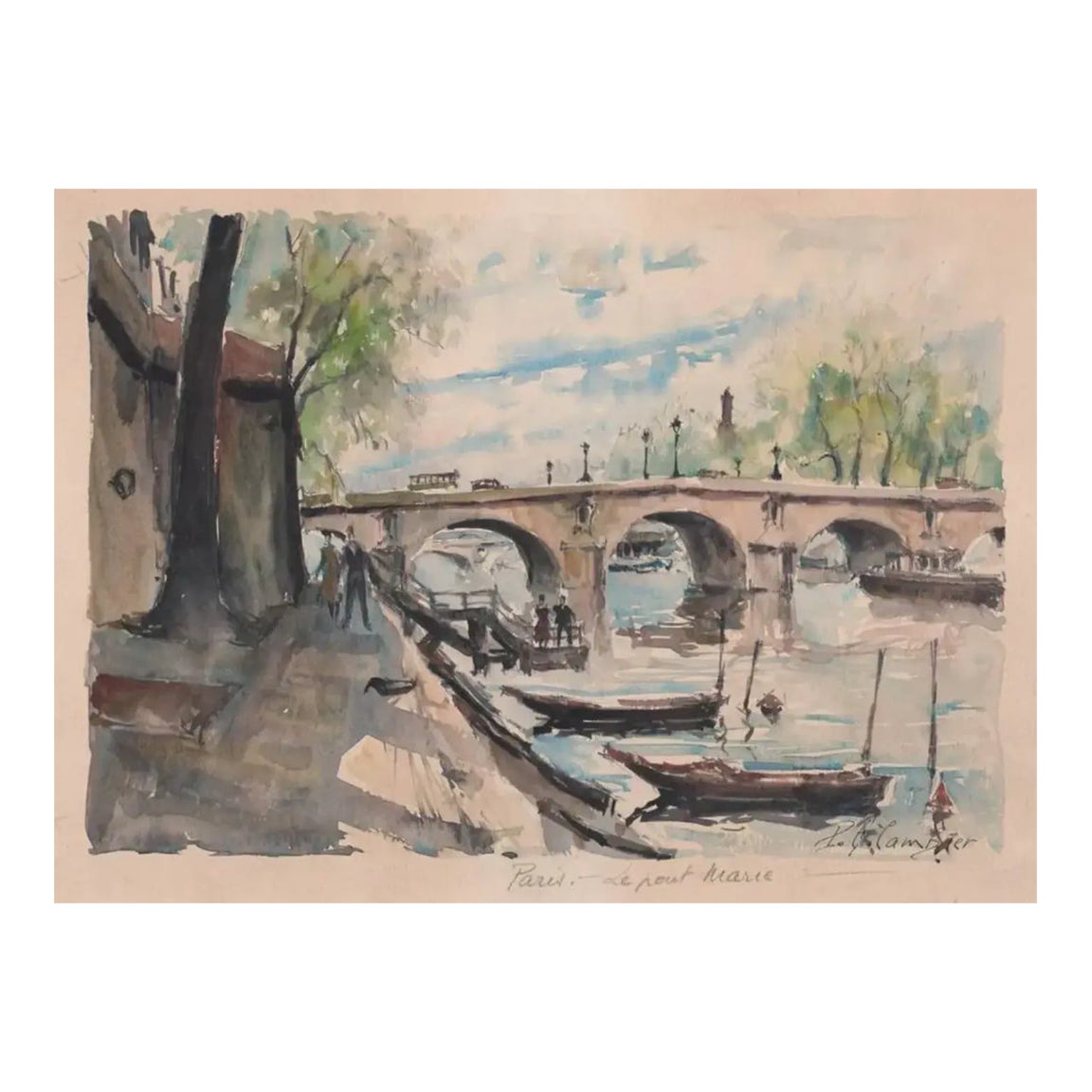 1950s Pierre Eugene Cambier Seine River Bridge Paris Watercolor | Chairish