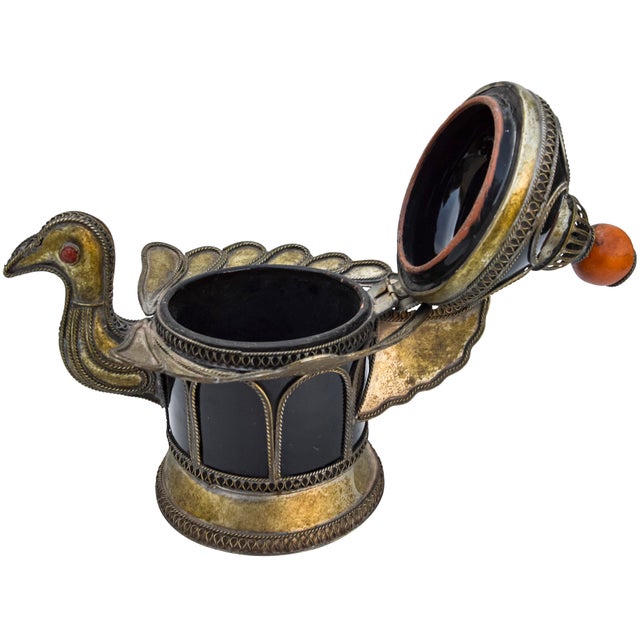 Vintage Moroccan Engraved & Filigree Inlaid Ceramic Bird Box | Chairish