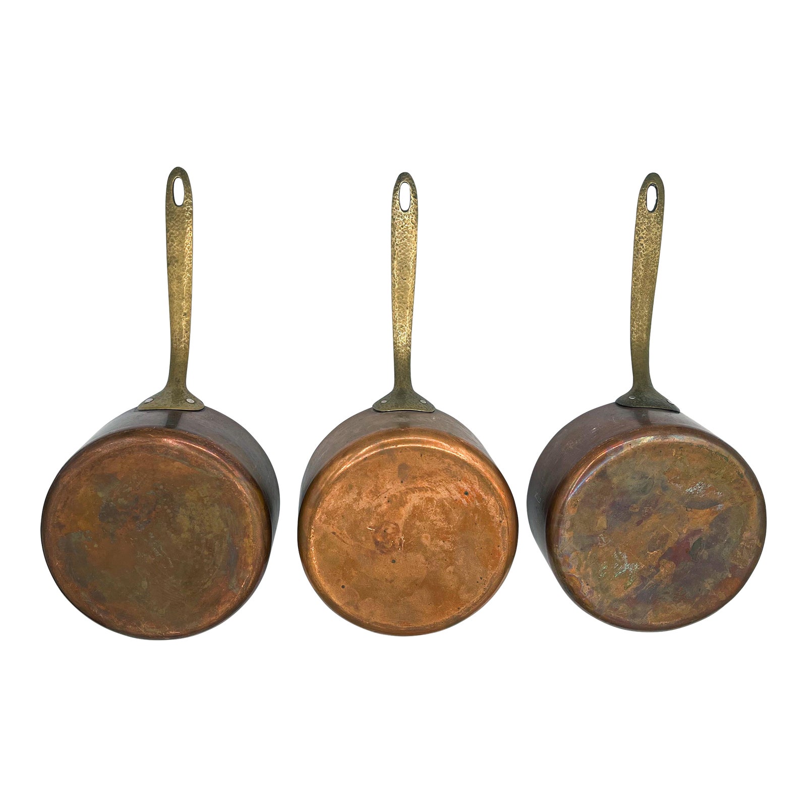 Antique Tin Lined French Copper Sauce Pan Pots With Brass Handles, Set ...