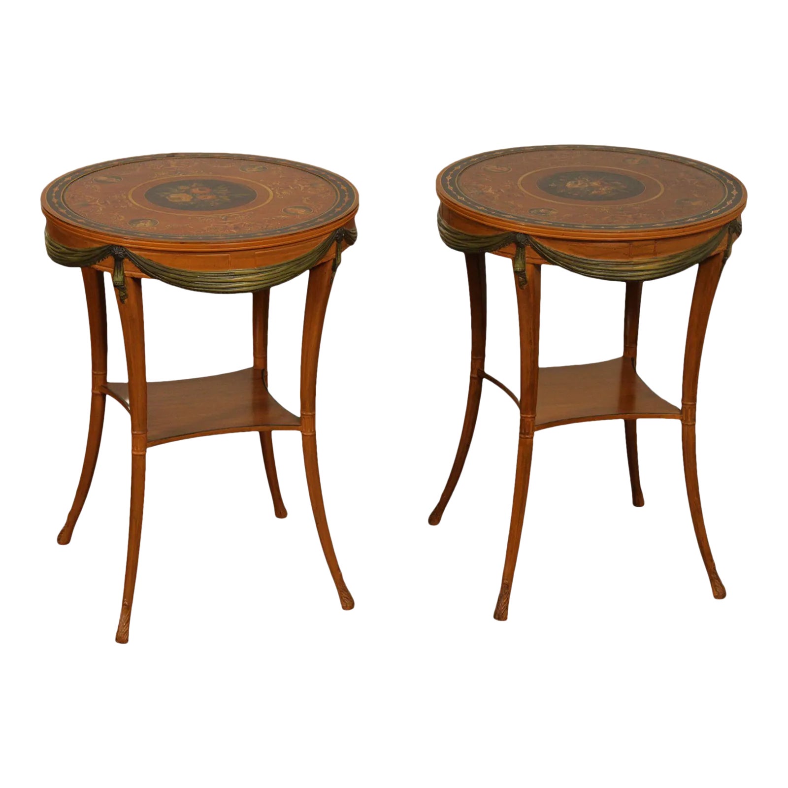 1930s Adams Style Hand Painted Satinwood Side Tables - A Pair | Chairish