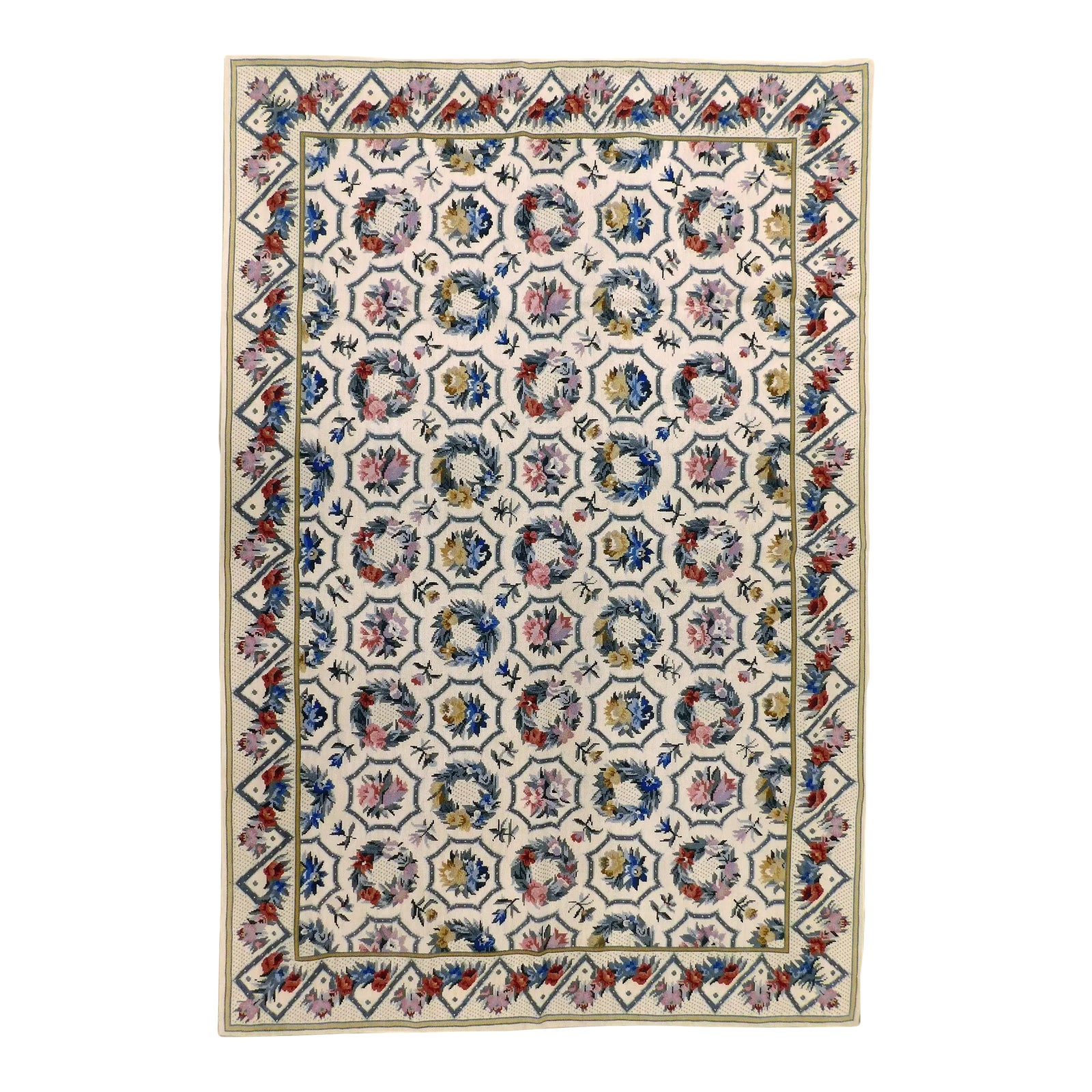 Vintage Handmade Flat Woven Floral Needlepoint Rug - 4'x 6' | Chairish