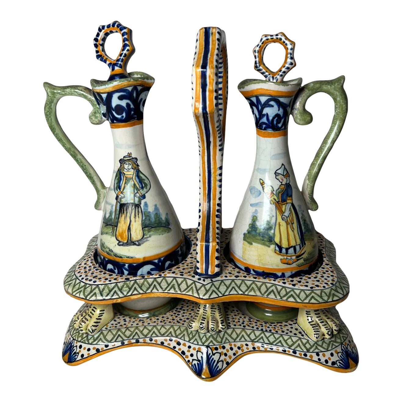 Rare Antique Quimper Complete Oil and Vinegar Set With Stand, French ...