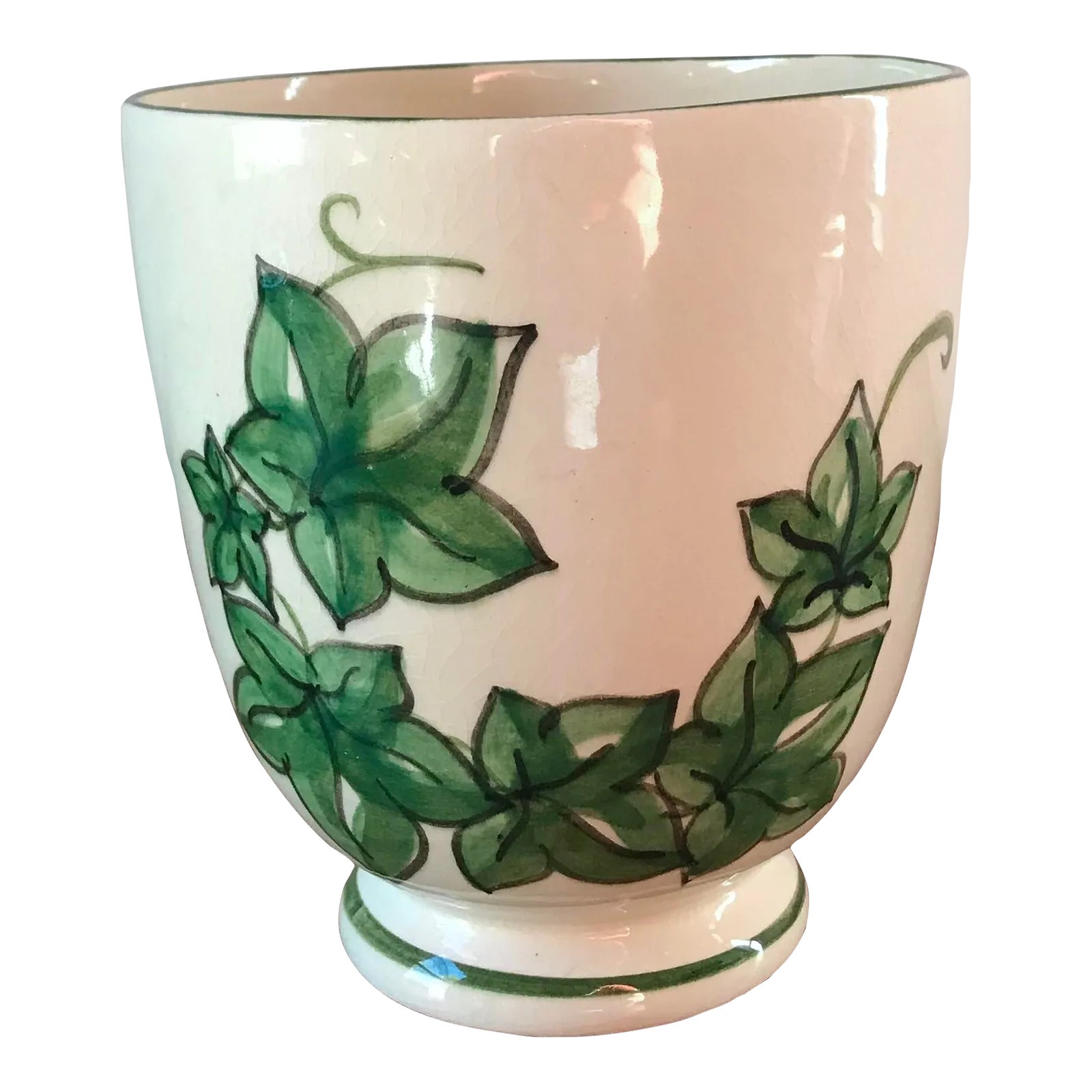 White and Green Hand Painted Ivy Cachepot Planter | Chairish