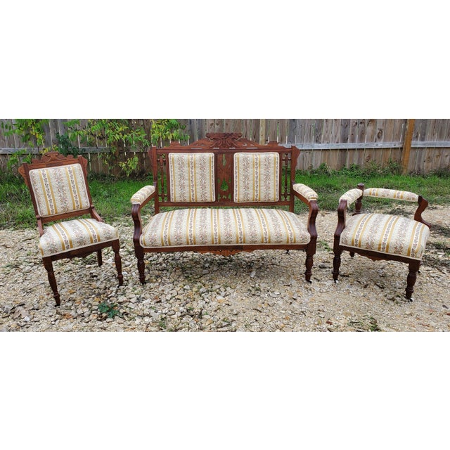1890s Eastlake Parlor Suite Set of 3 Settee Sofa Accent Chair and ...