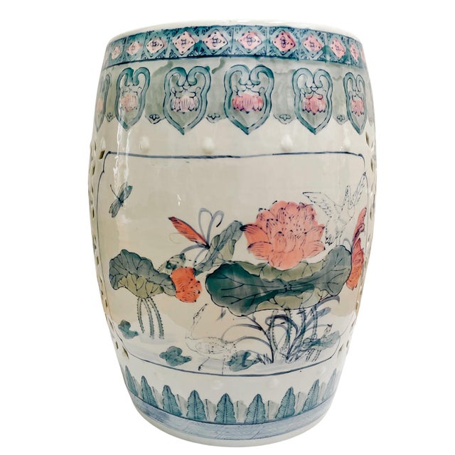 Chinese Ceramic Pink Lotus Garden Stool | Chairish
