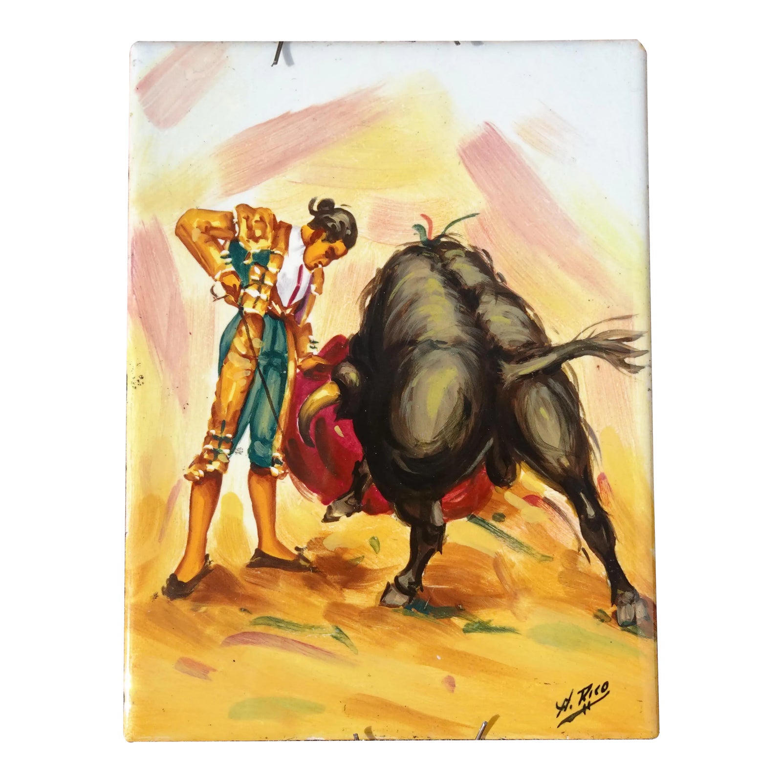 Vintage Hand Painted Tile Signed by H. Rico With Bull Fighter Matador ...