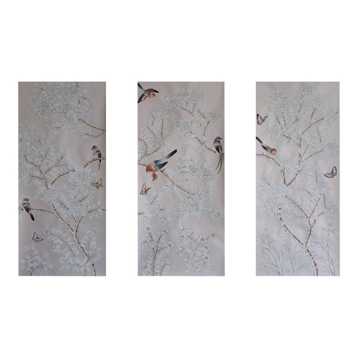 Contemporary Chinoiserie Triptych Hand-Painted Pink Silk Panels - Set ...