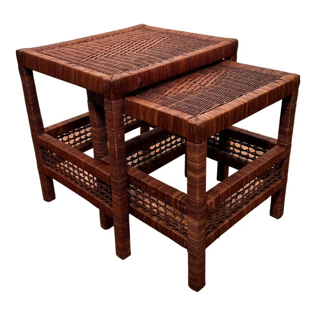 Vintage Boho Chic Wicker Nesting Tables in Chestnut Brown, a Pair ...