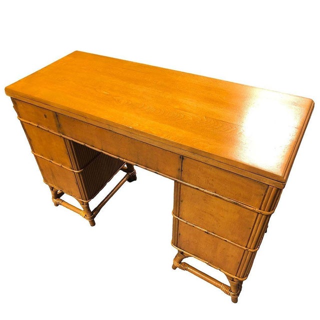 1950s Restored Gabriella Crespi Style Pencil Reed Rattan Desk W/ Birch ...