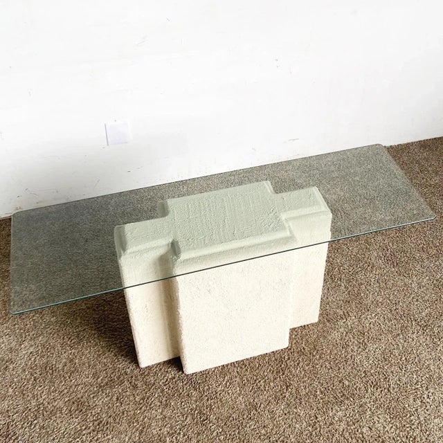 Postmodern Stucco Plaster Glass Top Console Table | Chairish