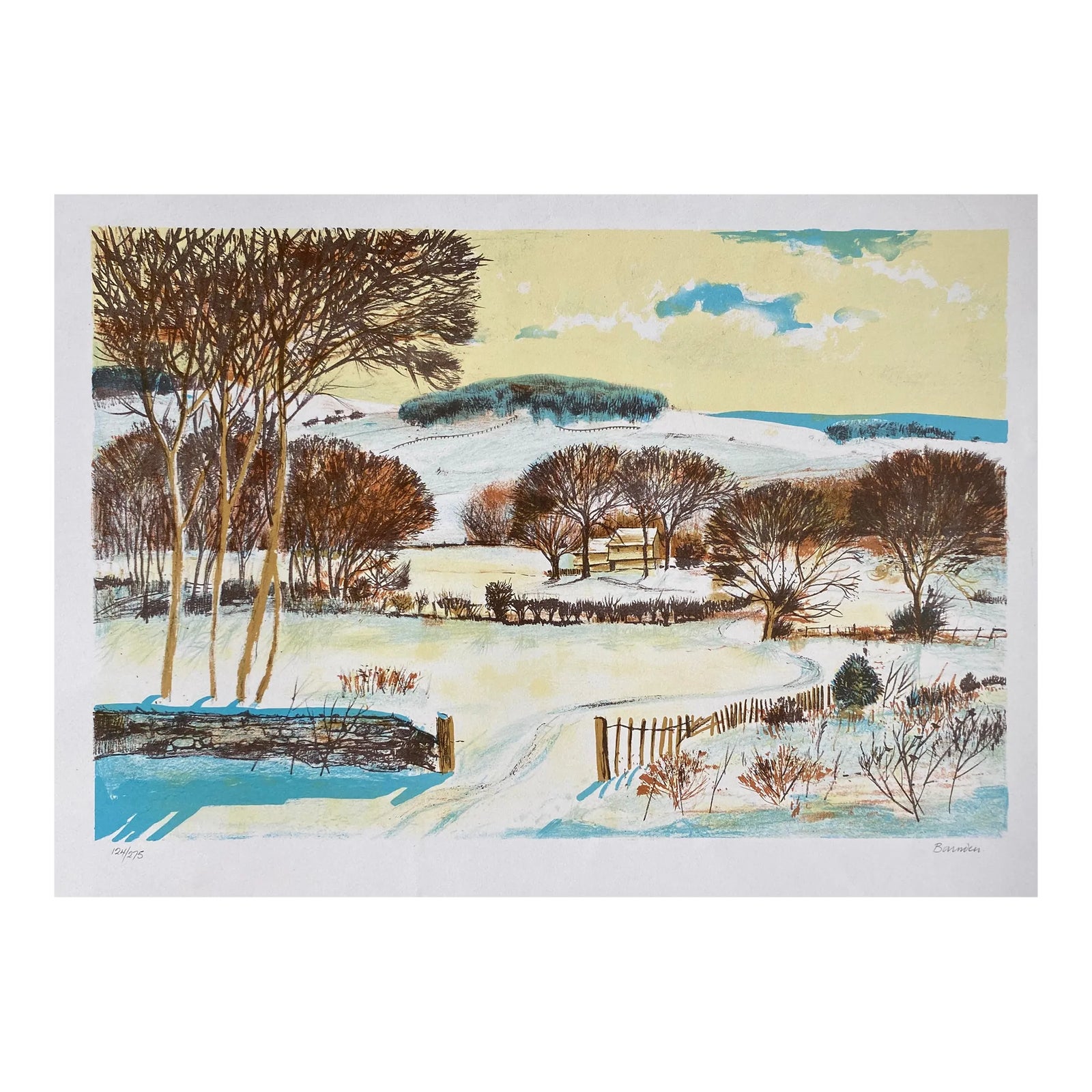 1960s Bruce Barnden Snowy Landscape Lithograph | Chairish