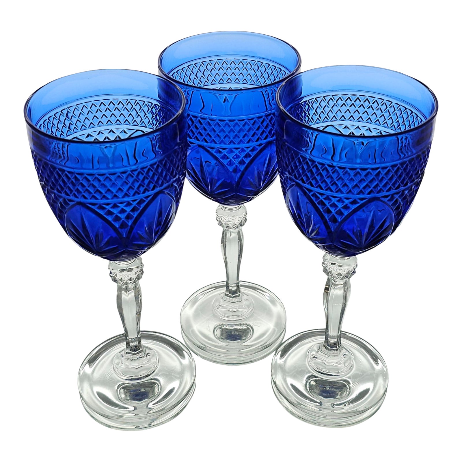Set of Three Sapphire Blue Etched Crystal Goblets by Cristal D’Arques ...