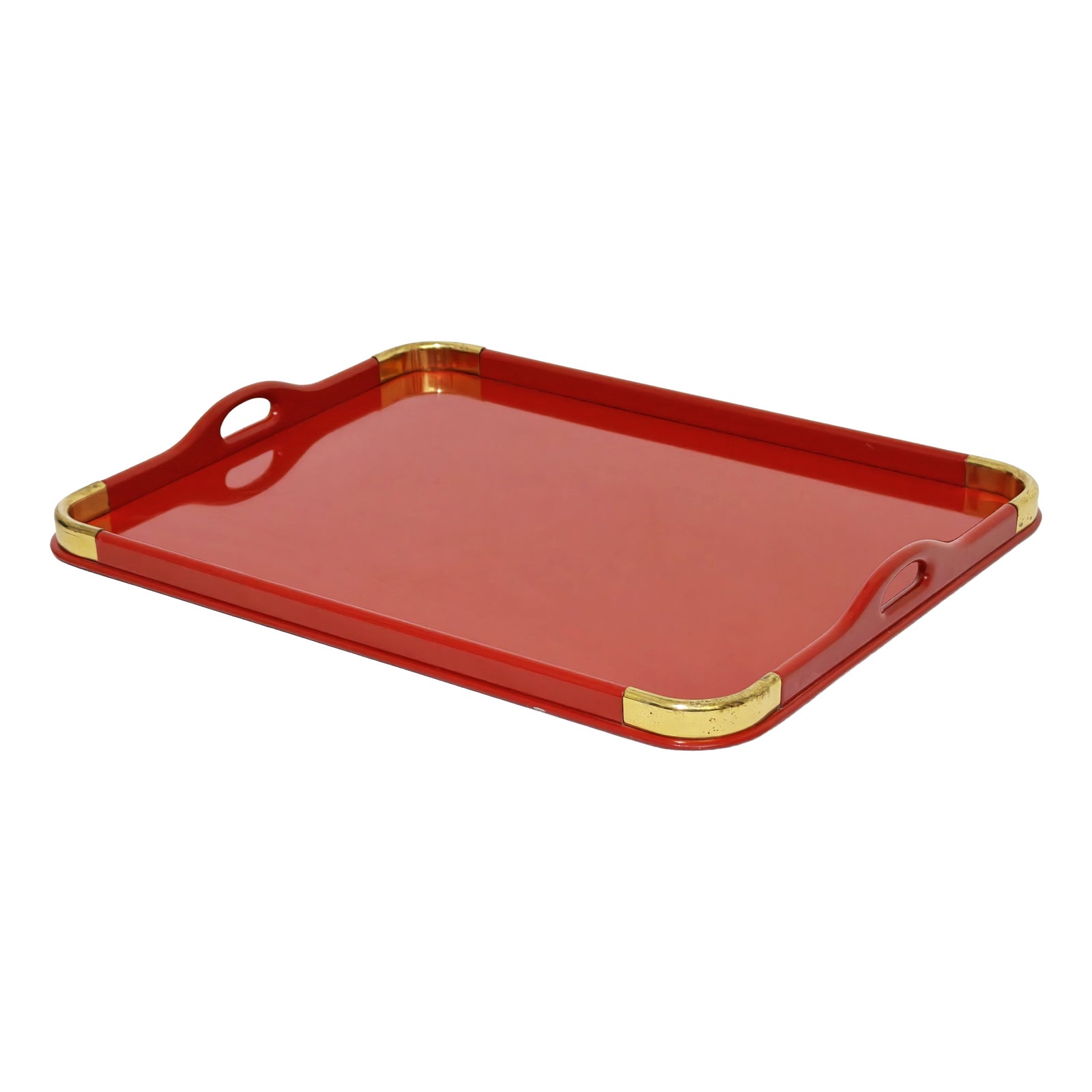 Mid-Century Modern Rectangular Red Lacquered Tray with Brass Corners ...