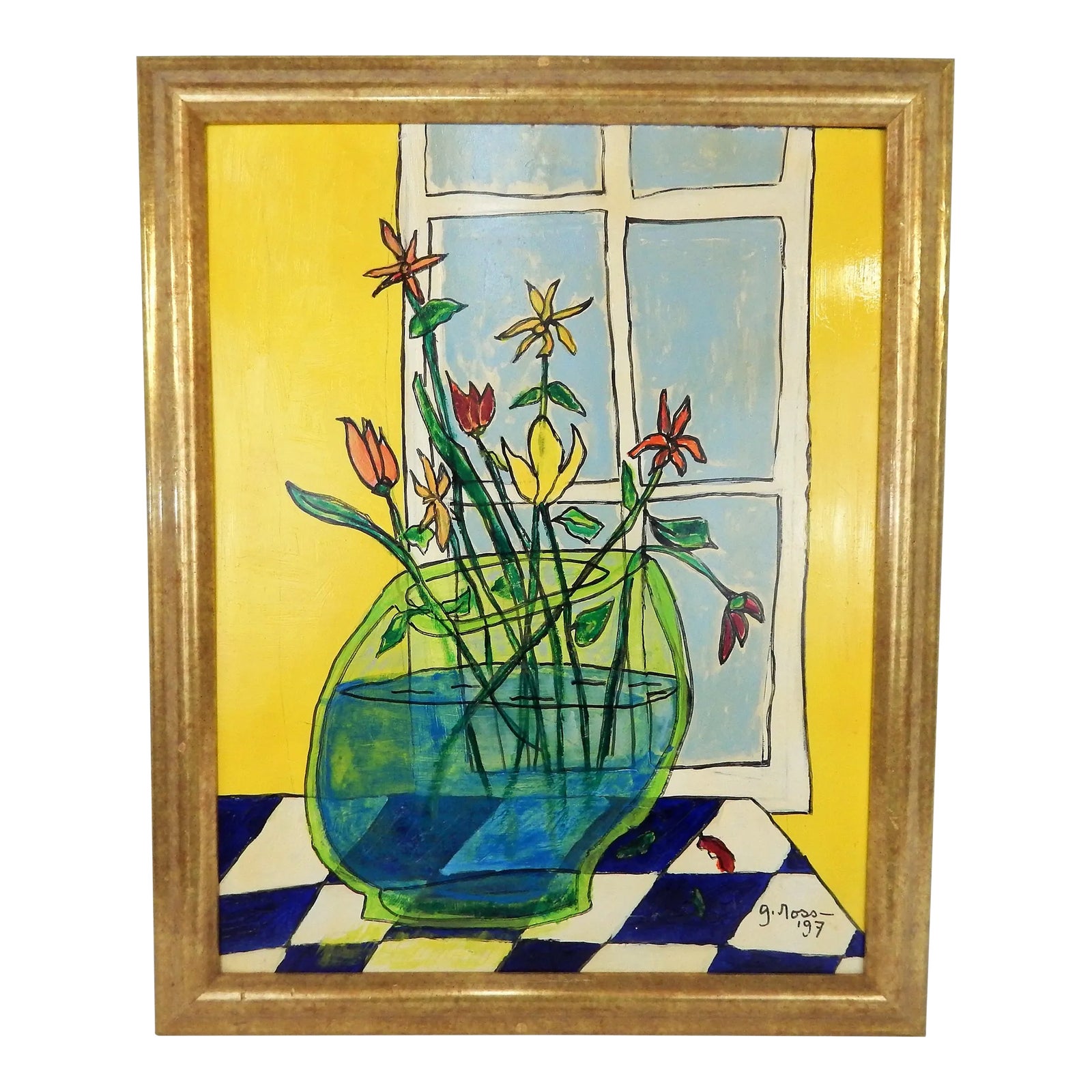1990s Modern Yellow Floral Still Life Oil Painting by G. Ross, Framed ...