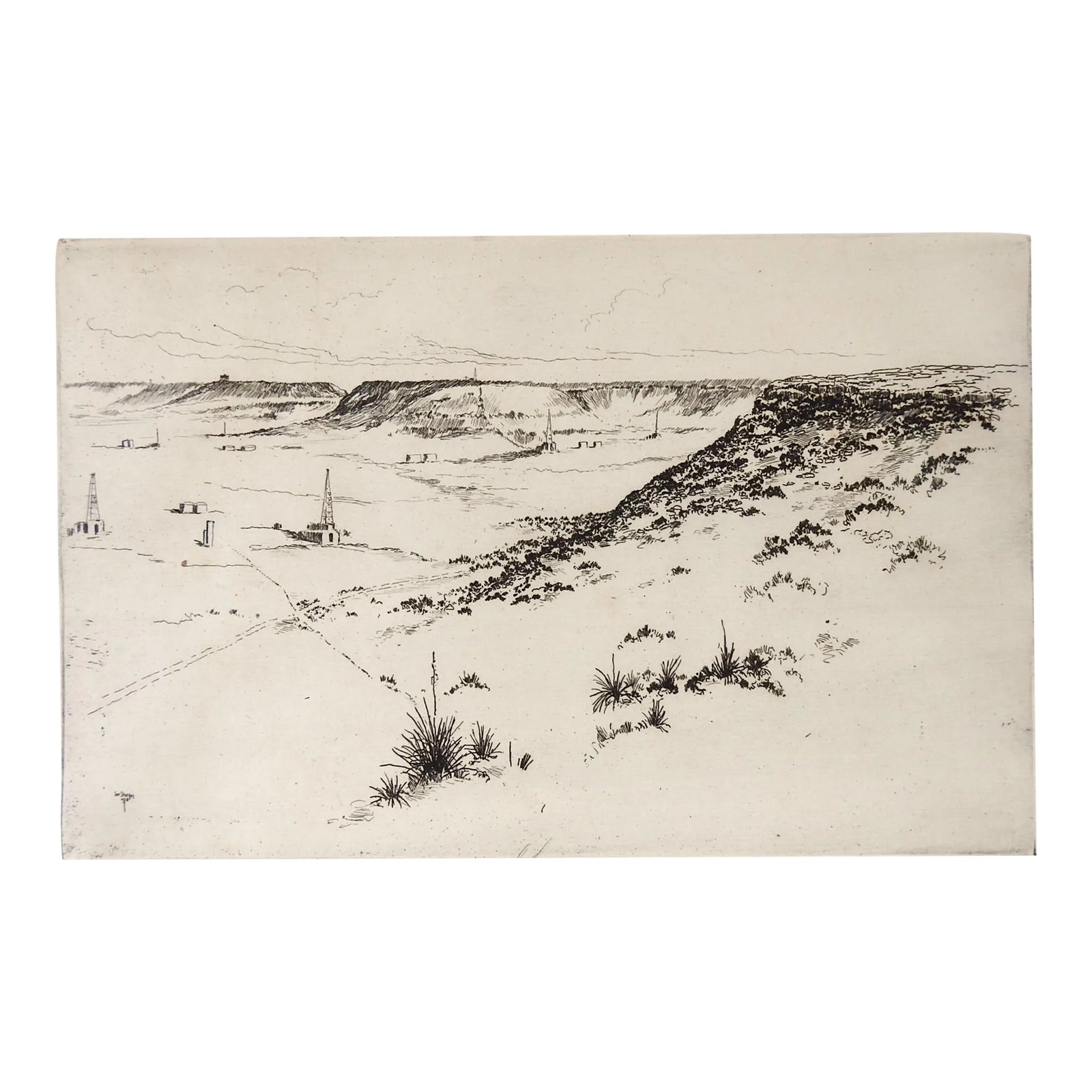 Lee Sturges Etching of Western Oil Fields | Chairish