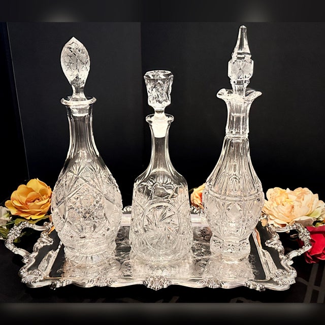 Vintage Bohemian Styled Crystal Decanters With Silver Plated Bar Tray ...