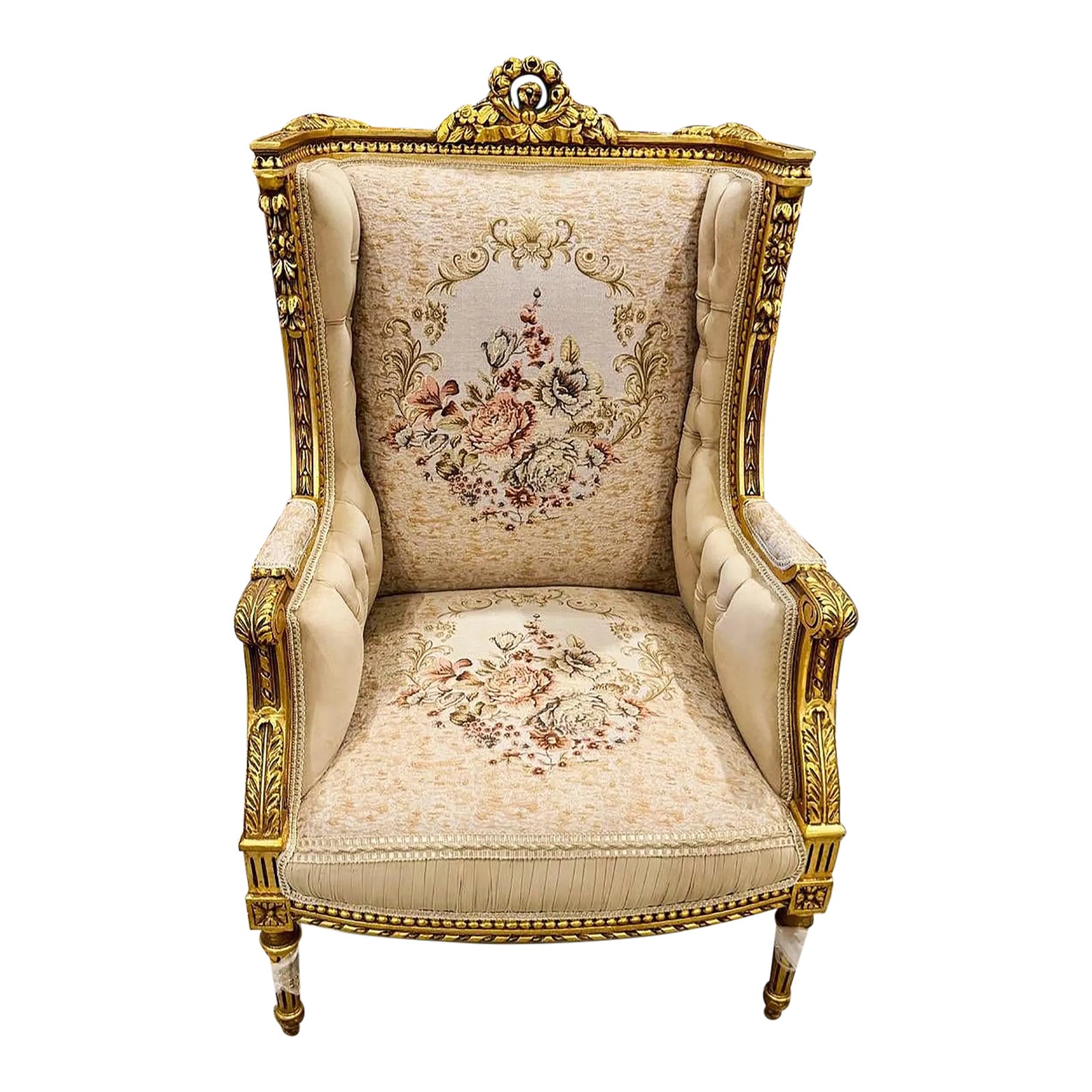 Rococo Style Gold Beige Bergere Wing Chair | Chairish