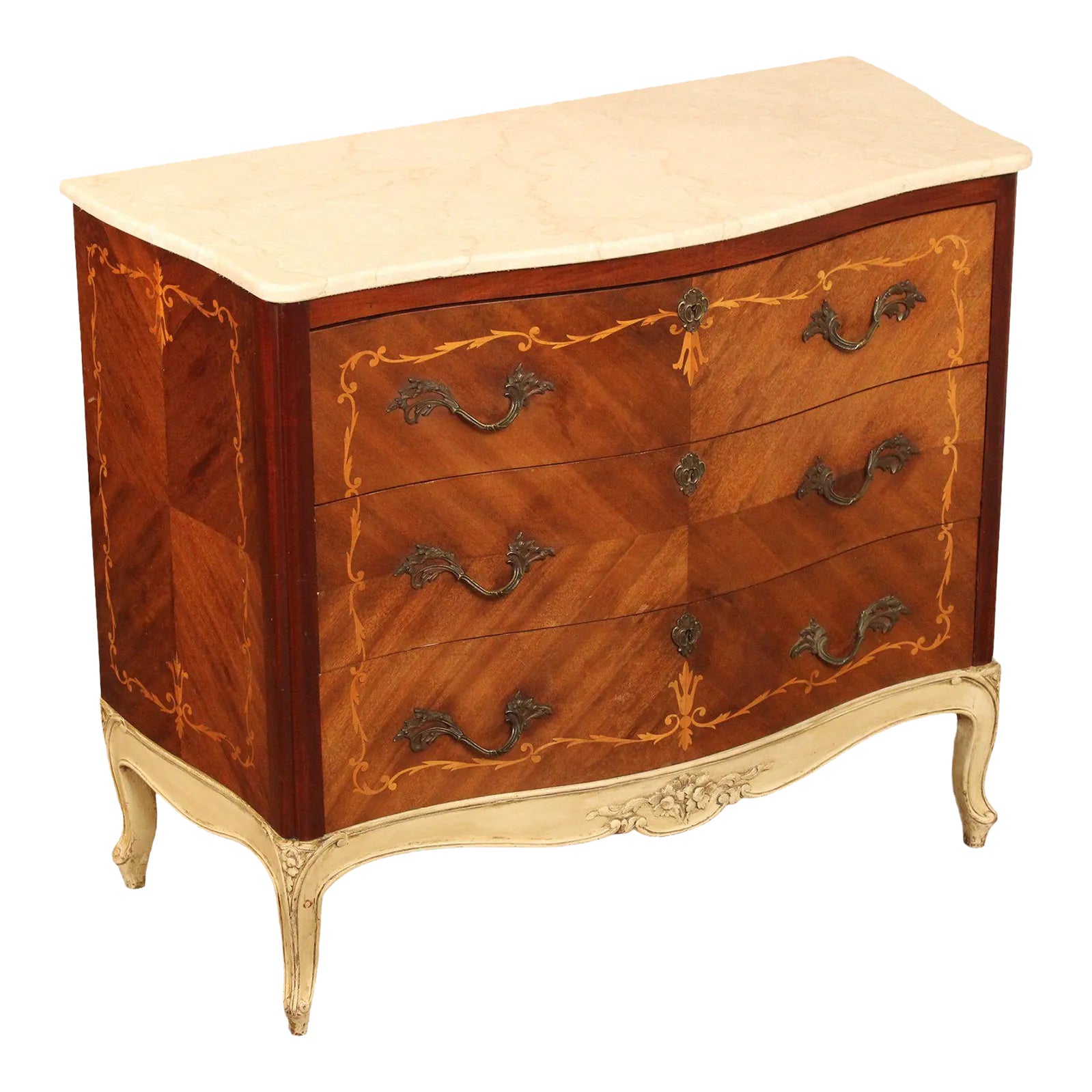 1920's French Marquetry Inlaid Marble Top Chest of Drawers | Chairish