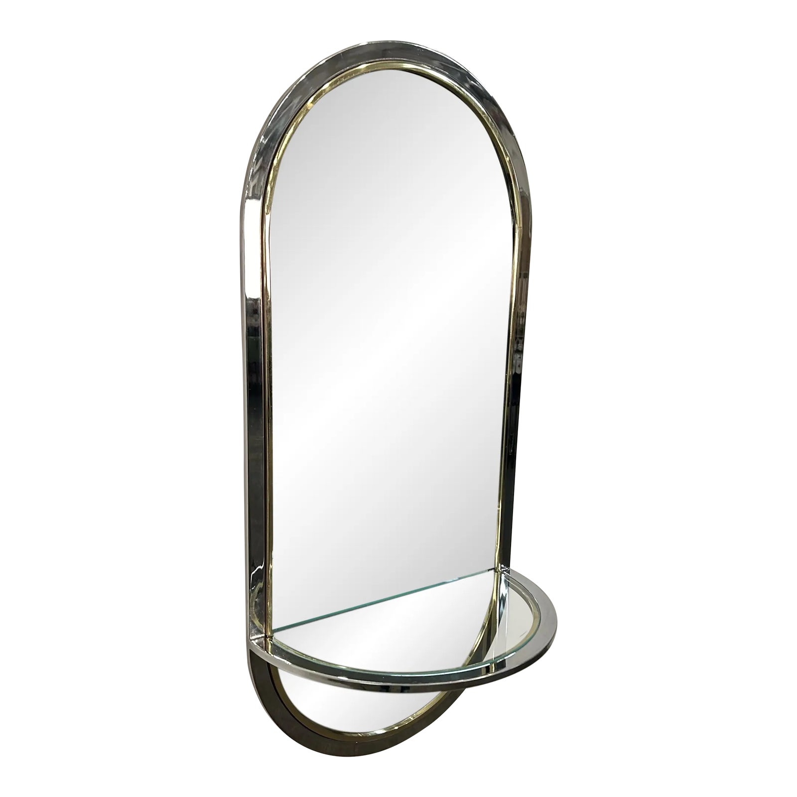 Chrome and Brass Dia Wall Mirror With Glass Shelf | Chairish