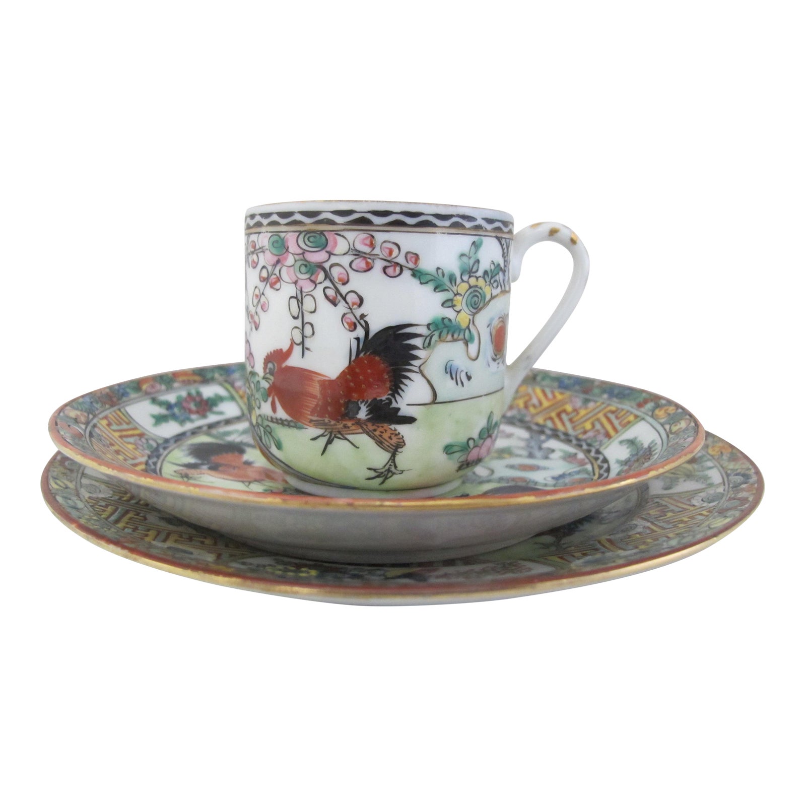 Japanese Dainty Porcelain Medallion Rooster Demitasse Tea Cup Saucer ...